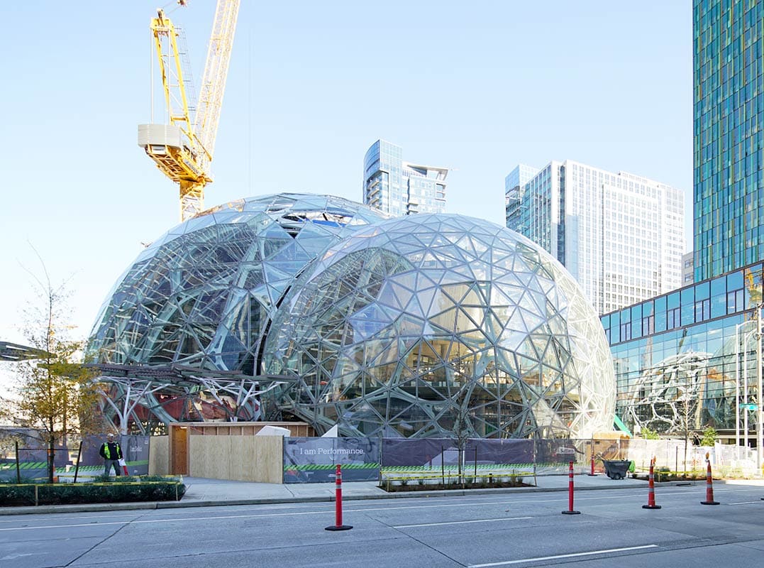 Aerial Drone Footage of the Amazon Spheres - Front